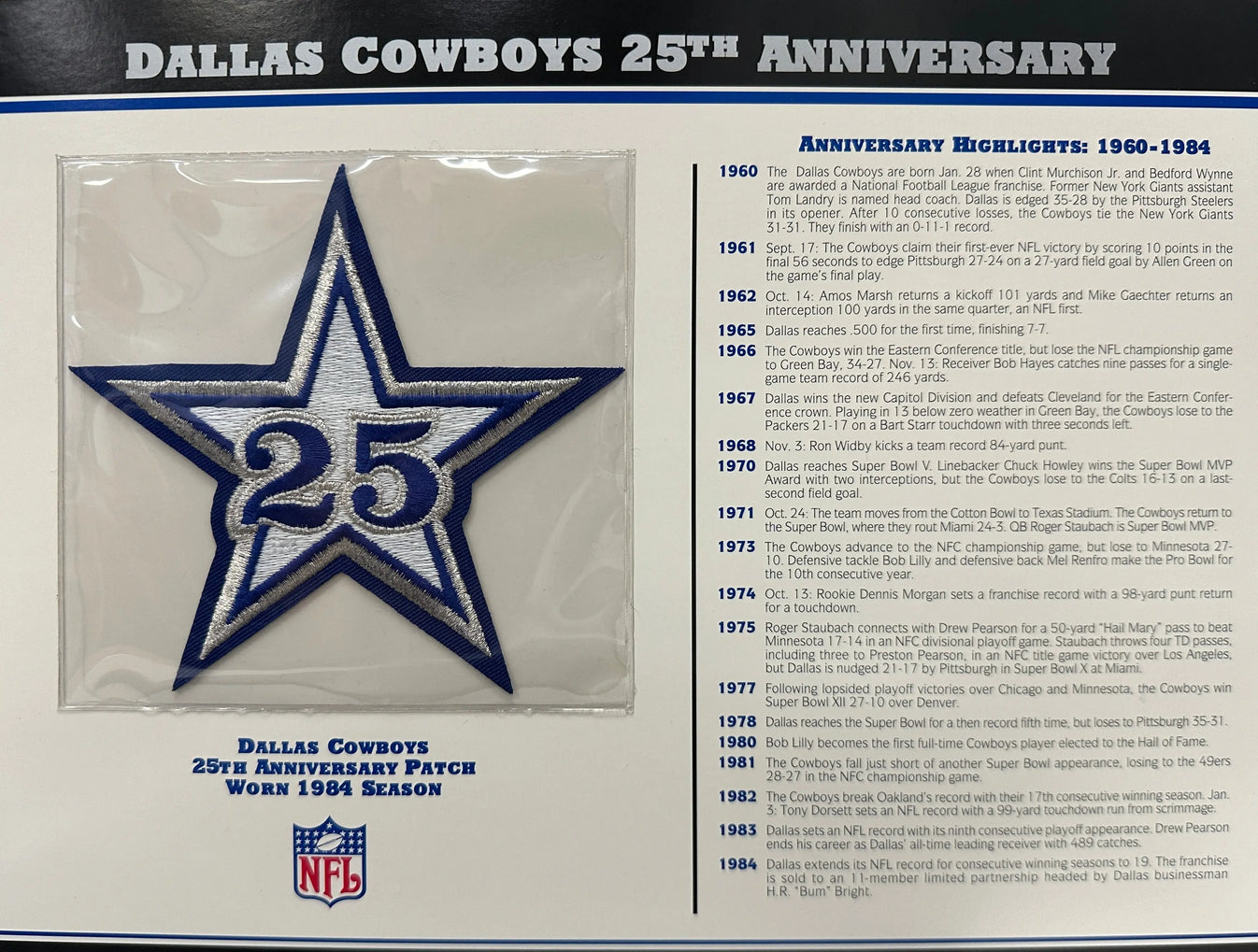 1984 Dallas Cowboys 25th Anniversary Willabee & Ward Patch With Stat C ...