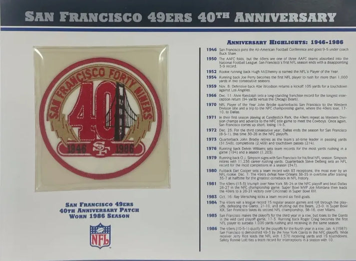 1986 San Francisco 49ers 40th Anniversary Willabee & Ward Patch With S ...