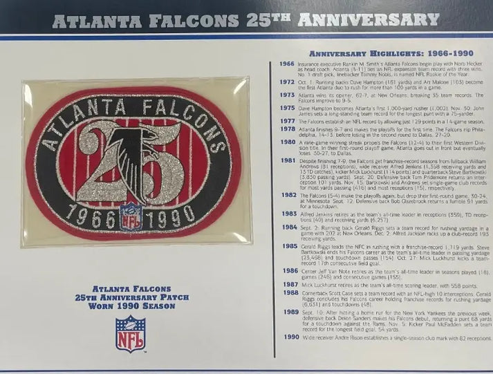 1990 Atlanta Falcons 25th Anniversary Willabee & Ward Patch With Stat ...