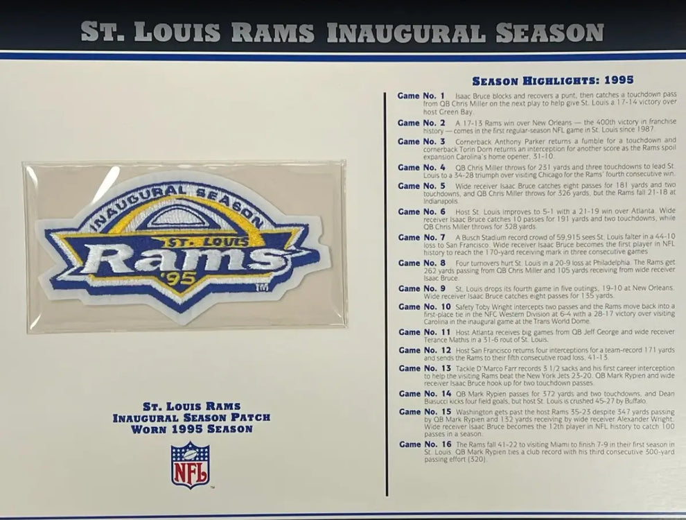 1995 St. Louis Rams Inaugural Season Willabee & Ward Patch With Stat C ...