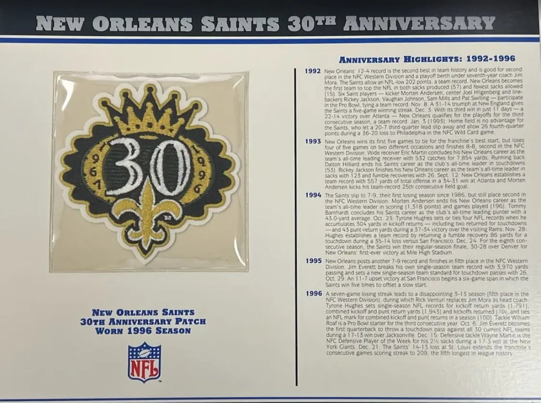 1996 New Orleans Saints 30th Anniversary Willabee & Ward Patch With St ...