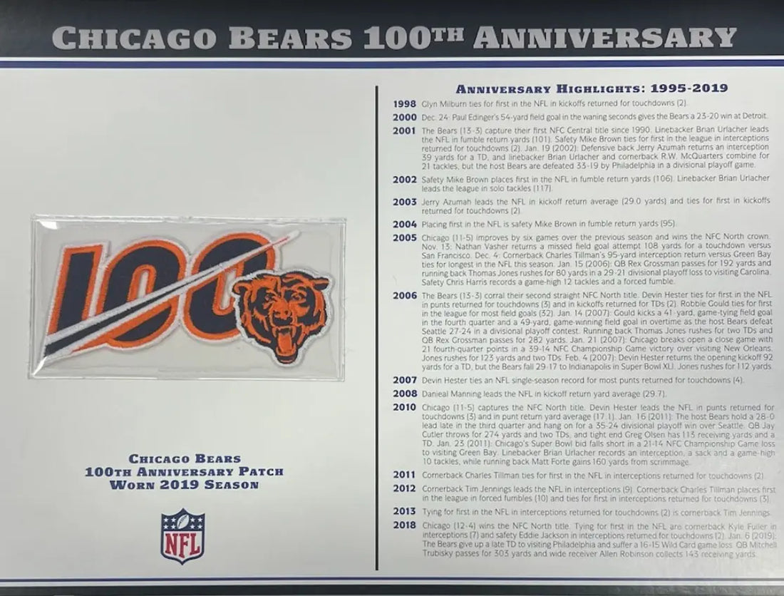 2019 Chicago Bears 100th Anniversary Willabee & Ward Patch With Stat C ...
