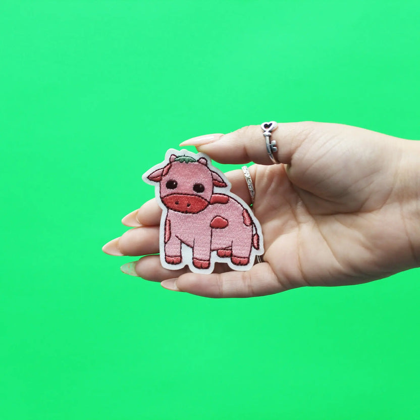 Strawberry Milk Cow Embroidered Iron On Patch – Patch Collection