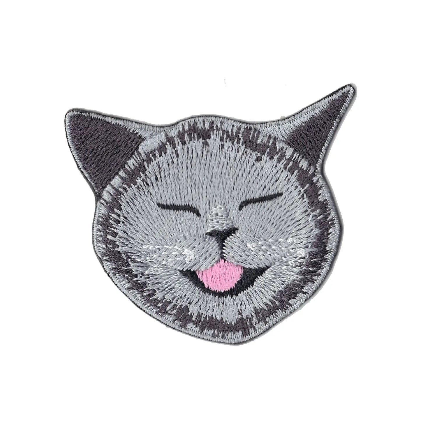 Smiling Grey Cat Embroidered Iron On Patch – Patch Collection